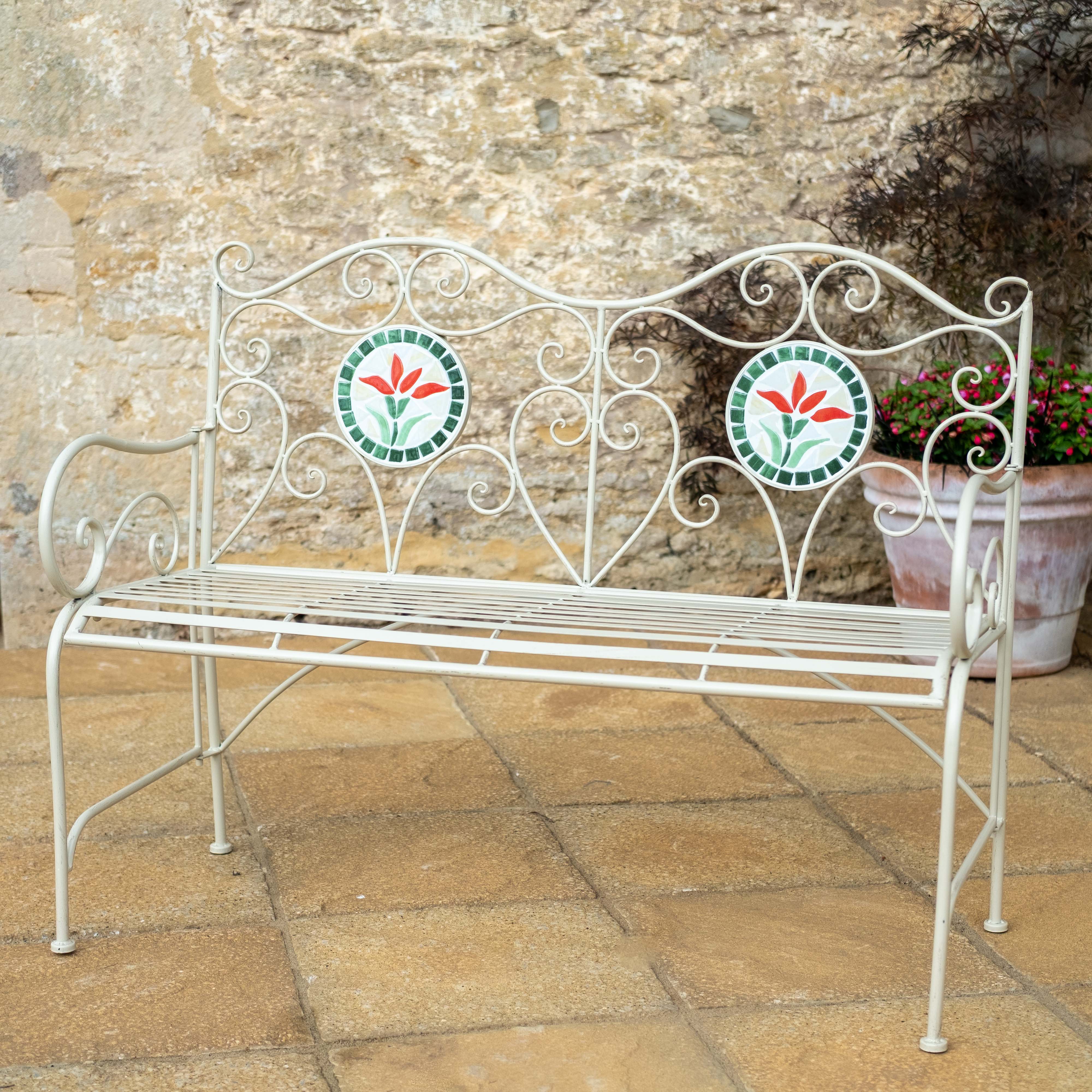 Ascalon Floral Mosaic Bench - 'Cream' - Garden Wildlife
